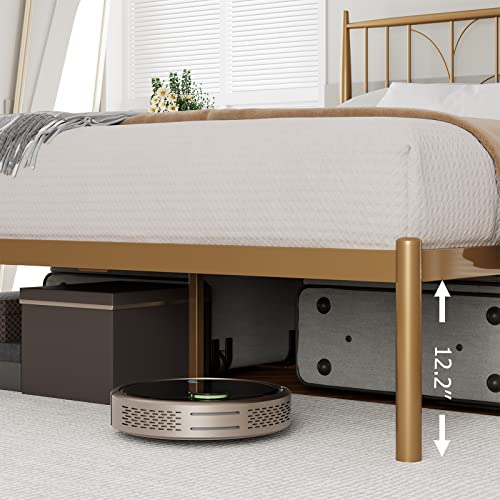 Senfot Bed Frame, Gold Metal Queen Size Platform Bed Frame with Headboard, Heavy Duty Metal Slat Support, Mattress Foundation, Noise Free Design, Easy Installation, Gold