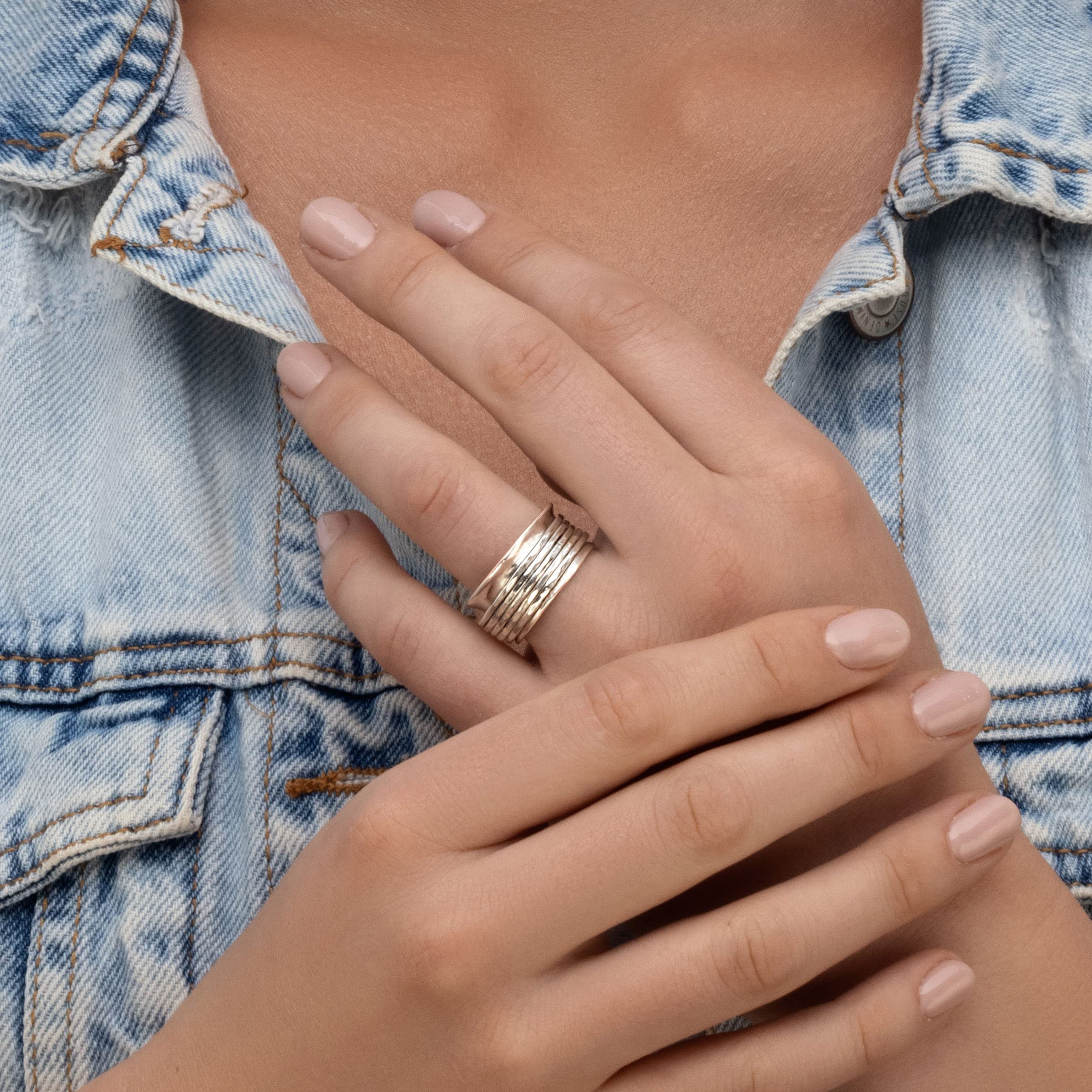 925 Sterling Silver Rotating Spinner Band Ring Wrapped With 5 Hammerd Spinner Rings Stylish Hypoallergenic Nickel and Lead-free Artisan Handcrafted Designer Collection, Made in Israel