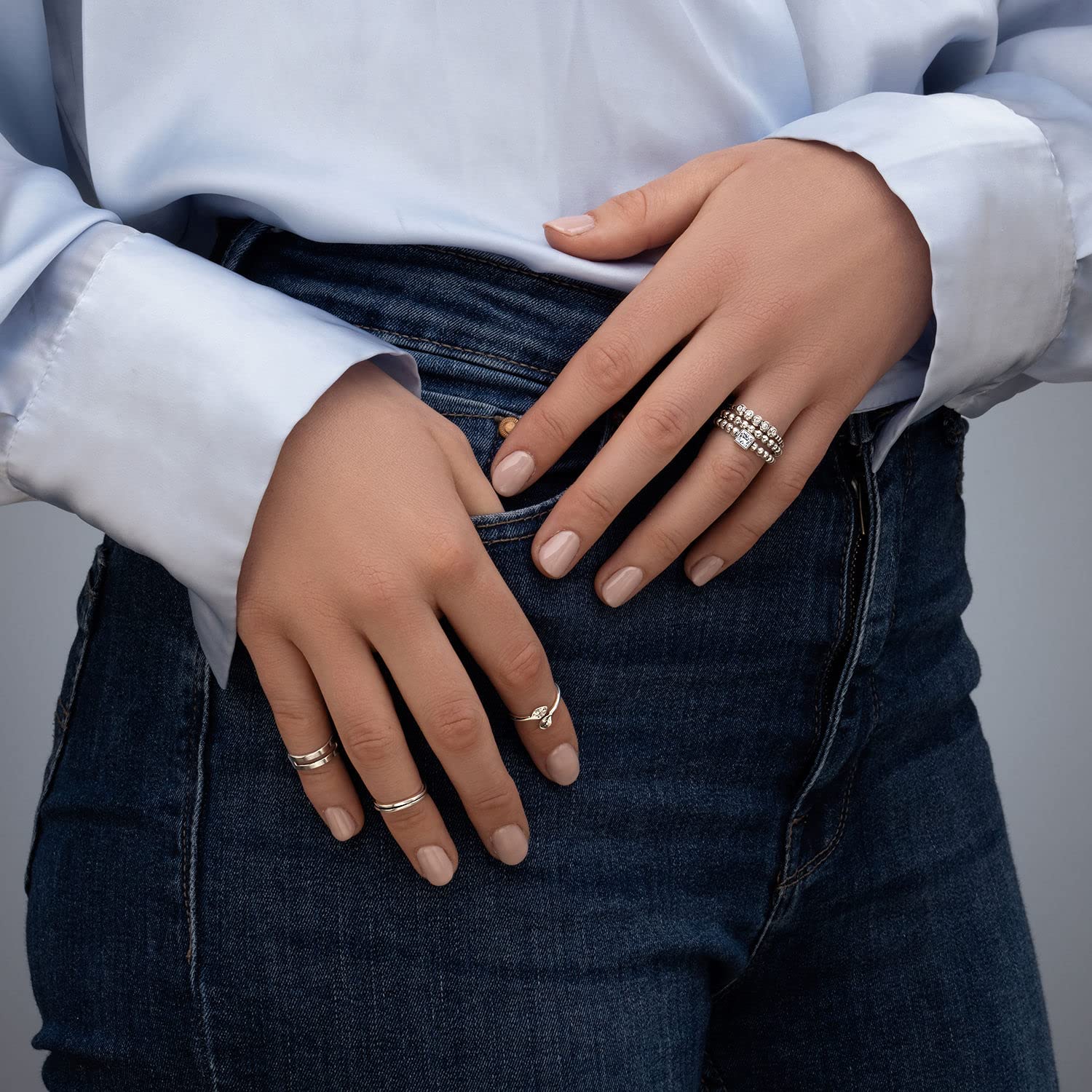 925 Sterling Silver Stack Ring With 1 White Square 5 White Round Cubic Zirconia 3-Set Rings Stackable Hypoallergenic Nickel and Lead-free Artisan Handcrafted Designer collection, Made In Israel