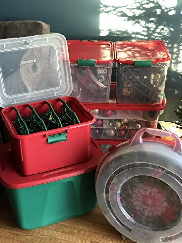 HOMZ Set of 3 Holiday Wreath Plastic Storage Containers, Holds Up to 24β Diameter, Secure Latching Lid and Easy Grip Handle, Stackable and Nestable, Red/Clear