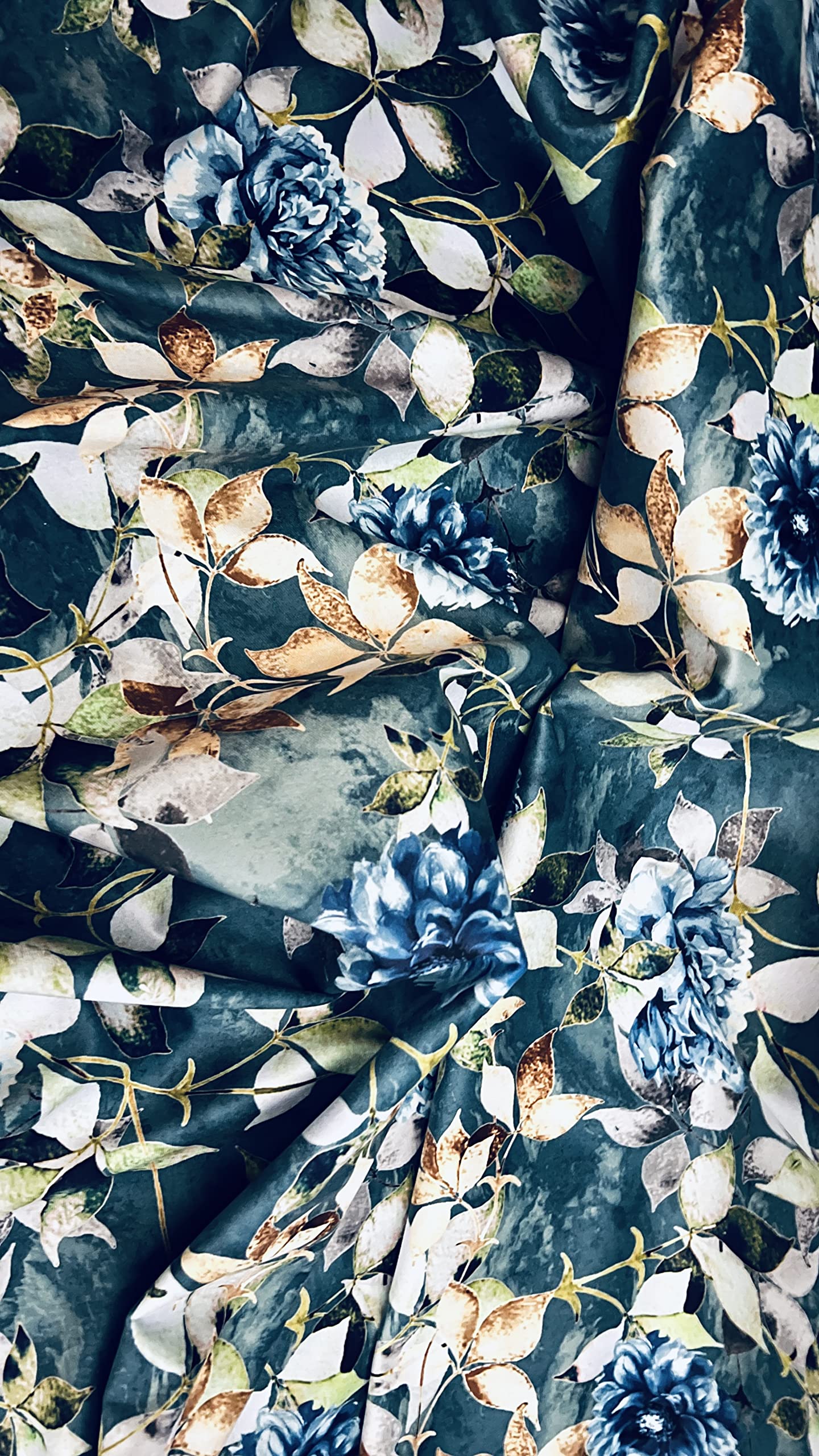 Decora Furnishings Soft and Thick Luxurious Velvet Fabric Digitally Printed Floral Design Upholstery Material for Sofa Cushion Chair Cover Craft - Width 54 inches - Fabric by The Yard (Aegean Blue)
