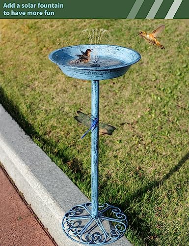 Bird Baths for Outdoors 25.5 Inch Height Outdoor Garden Bird Feeder Metal Birdbath with Dragonfly for Garden Yard and Lawn Decoration,Blue