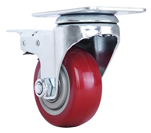 Finnhomy 4 Inch Caster Wheels Set of 4 with Brake Heavy Duty Plate Swivel Casters Premium Polyurethane Wheels PU Load Bearing 2,000 Lbs Lockable Anti-wear Smooth Casters Red (Free Screws)