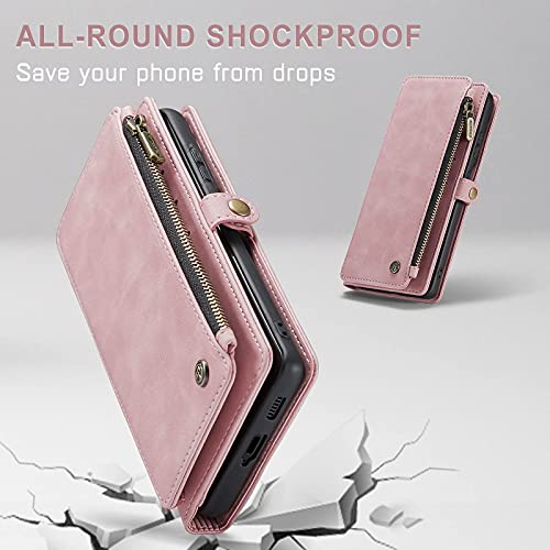 Defencase Galaxy S21 Ultra Wallet Case, PU Leather Magnetic Flip with Lanyard, Zipper Card Holder, Rose Pink