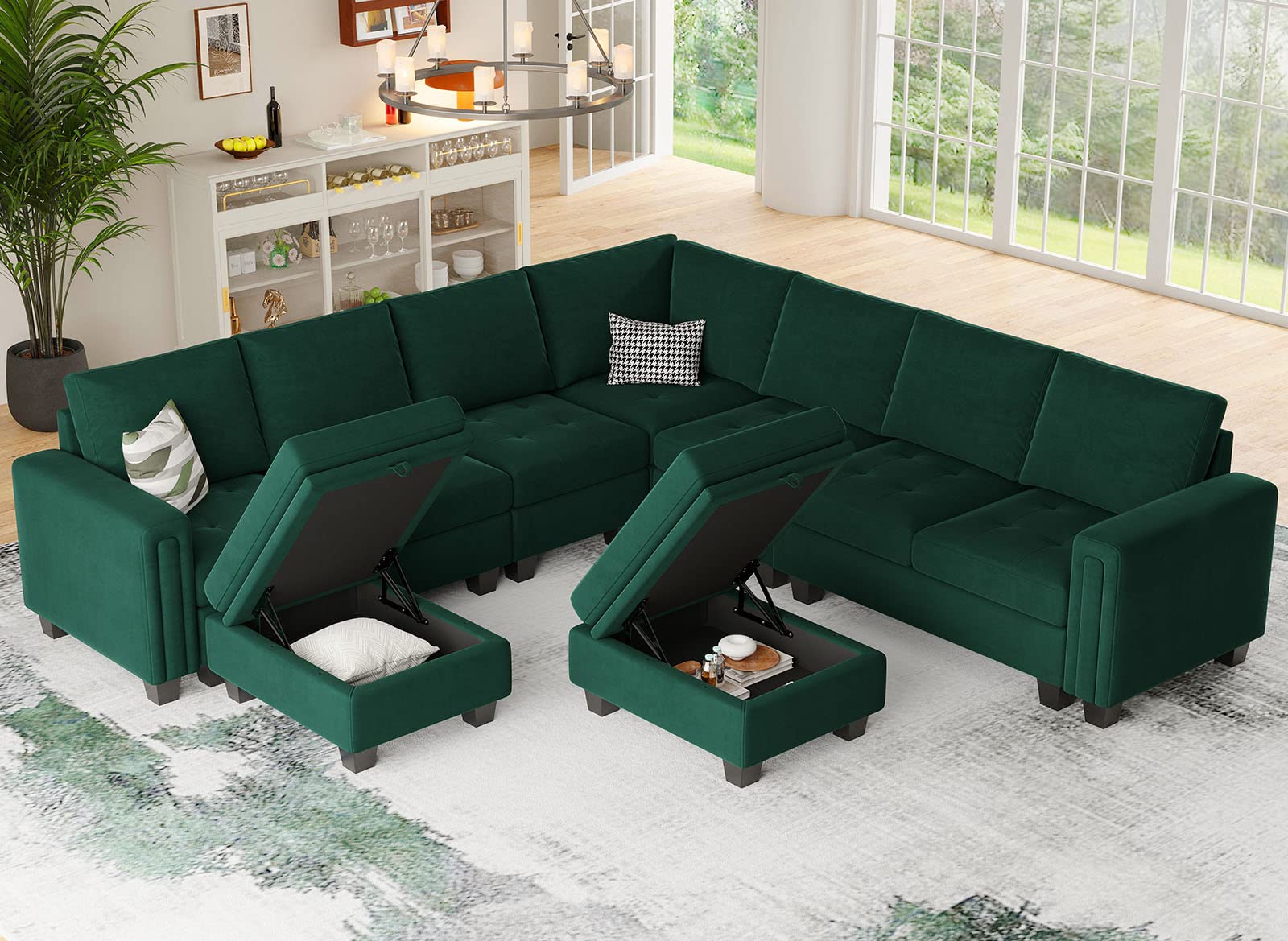 Belffin Oversized Velvet Modular 8-Seat Sectional Sofa Set with Storage Ottoman U Shaped Couch Set Modular Sectional Convertible Sofa Couch with Reversible Chaise Corner Sofa Couch Set Green
