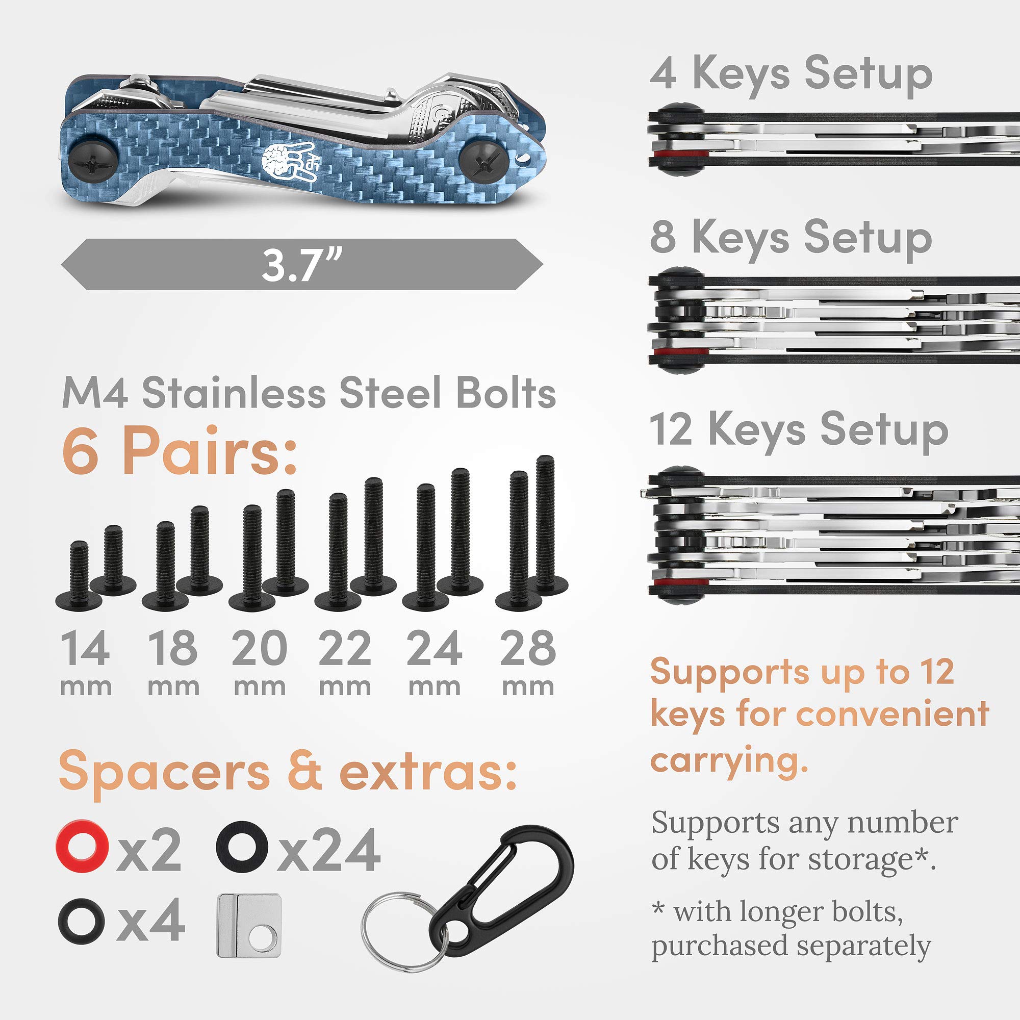 AmazinGizmo Folding Key Holder & Key Organizer Keychain - House & Car Compact Blue Slim Multi Key Chain with Pocket Clip & Carabiner - up to 12 Keys & More