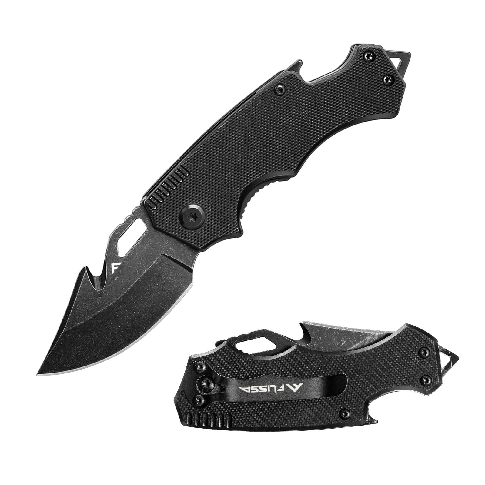 FLISSA Mini Folding Pocket Knife, 2.5-Inch Stainless Steel Drop Point Blade, EDC Pocket Knives for Men with Bottle Opener and Glass Breaker (Black)