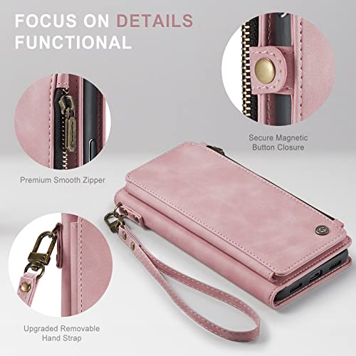 Defencase Wallet Case for Women Men, Durable PU Leather Magnetic Flip Lanyard Strap Wristlet Zipper Card Holder Phone Cases for iPhone 11 6.1-inch, Rose Pink