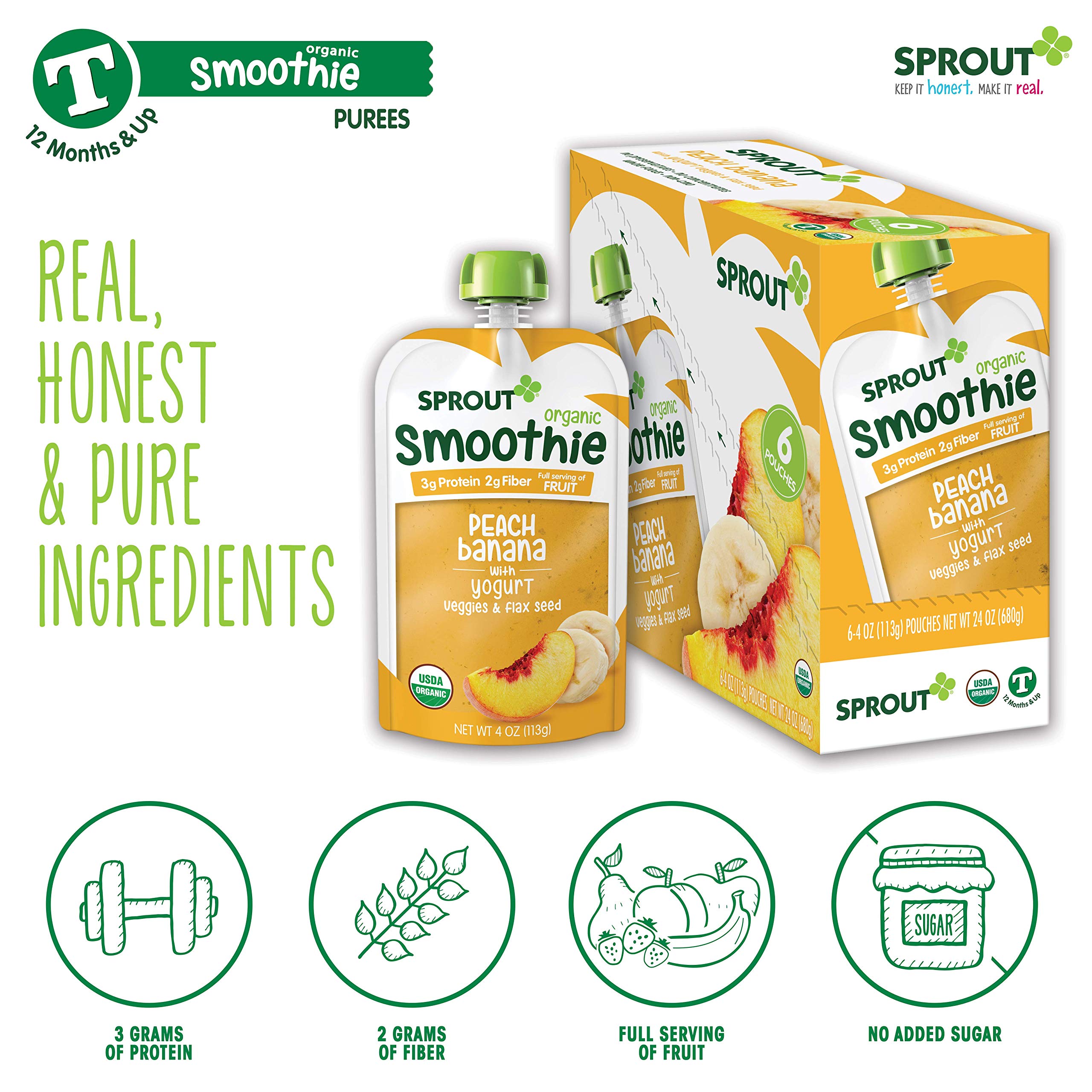Sprout Organic Toddler Smoothie, Peach Banana w/ Yogurt, 4 Ounce Pouch (Pack of 6)