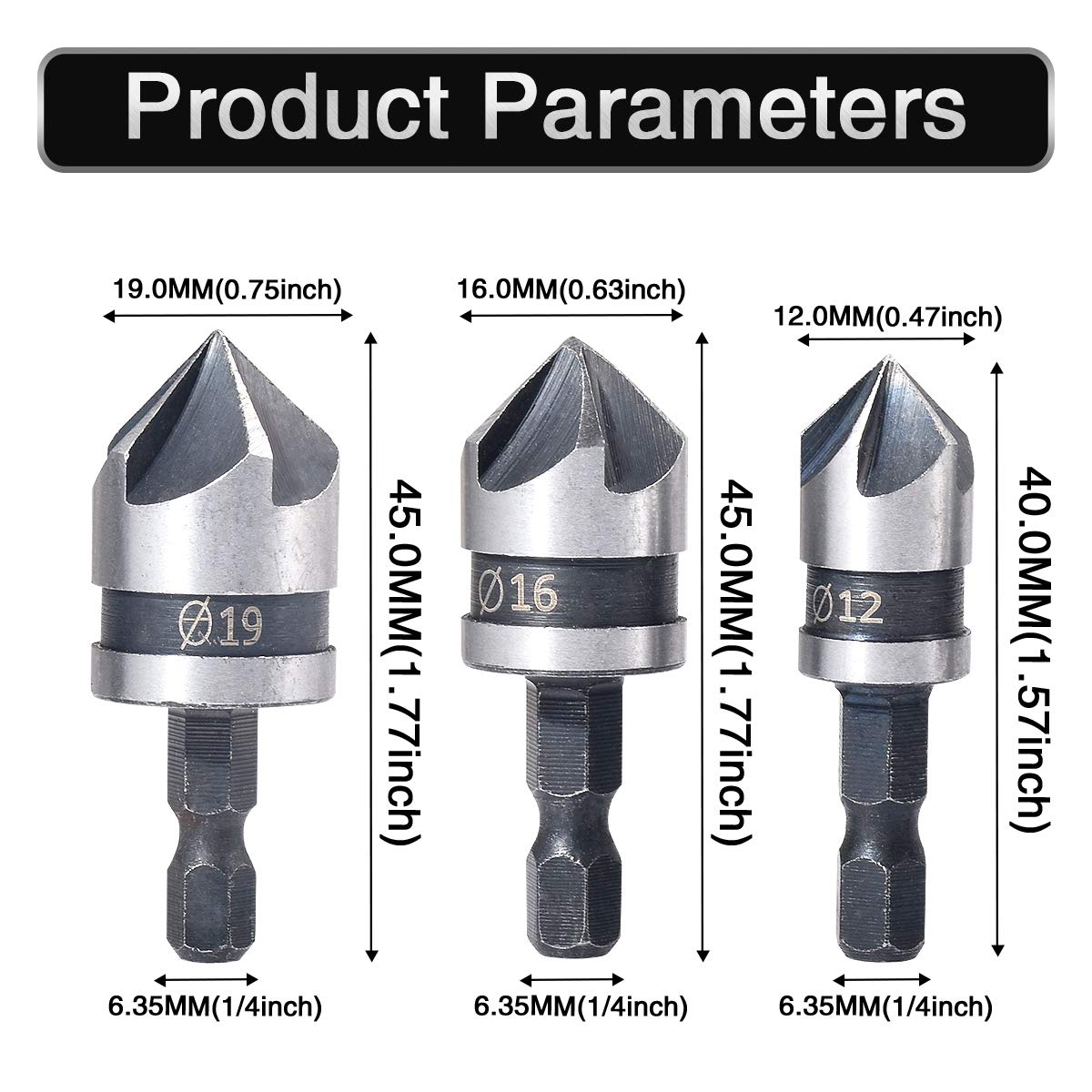 HOHXEN 3Pcs 1/4'' Hex 5 Flute 90 Degree 1/2'' 5/8'' 3/4'' Countersink Drill Bit for Wood Metal Quick Change Set