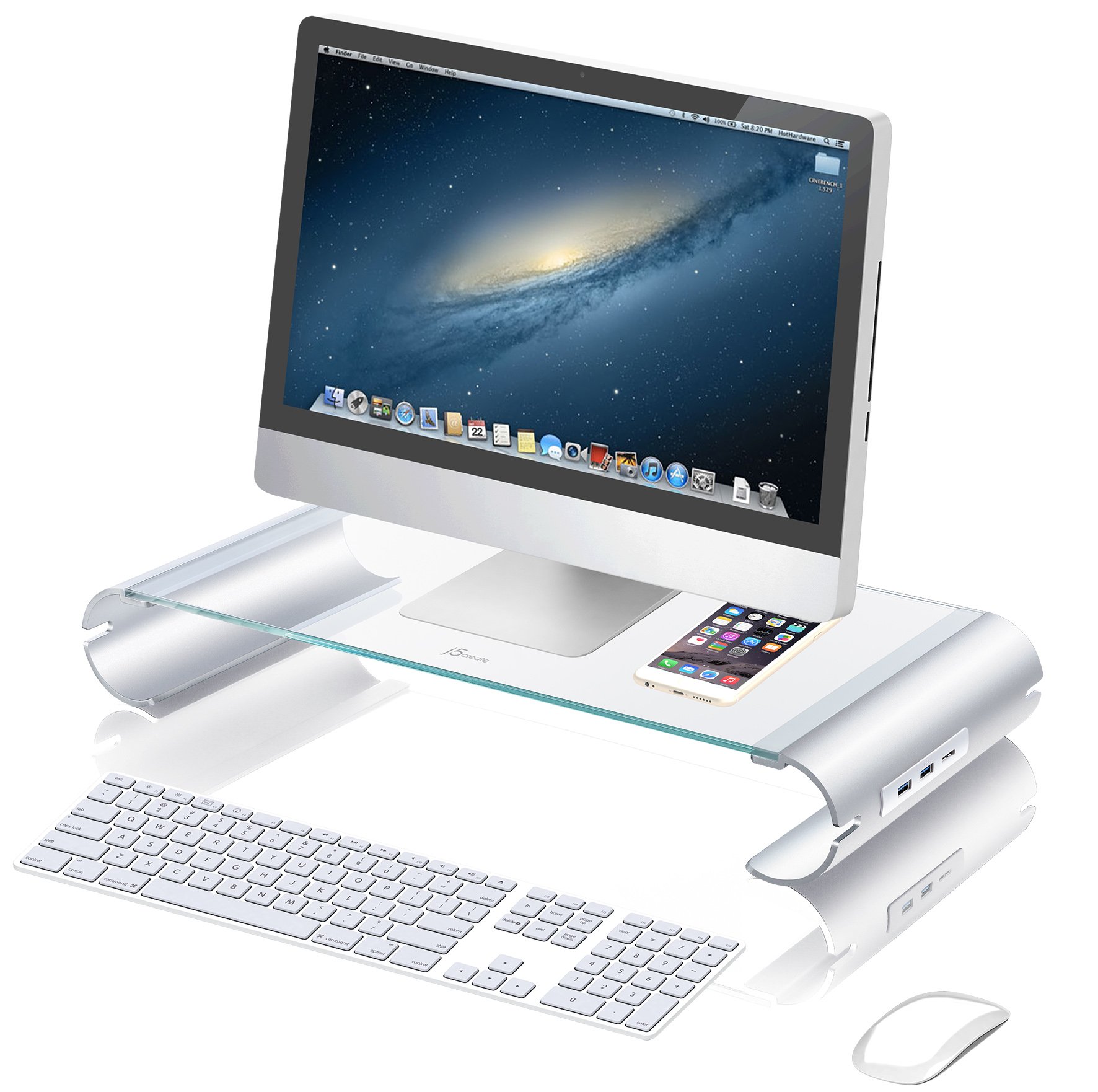 j5create Monitor Stand with 3-port USB 3.0 HUB JUT325 | Aluminium Legs and Clear Tempered Glass Monitor Riser | Compatible with iMac/Windows/Chrome/Linux Laptop, Macbook