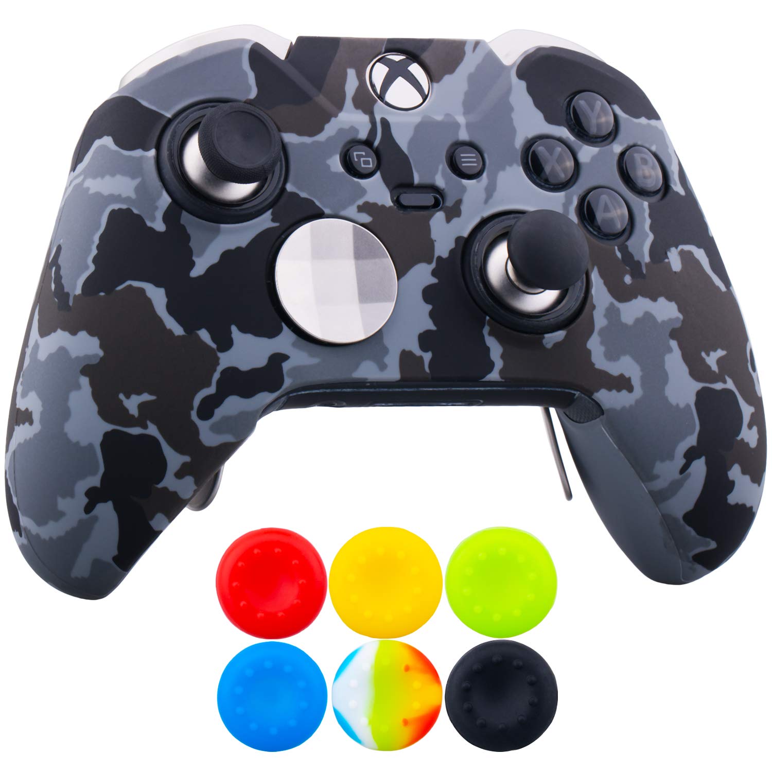 9CDeer 1 x Protective Customize Transfer Print Silicone Cover Skin Camougrey + 6 Thumb Grips Analog Caps for Xbox Elite Wireless Controller Compatible with Official Stereo Headset Adapter