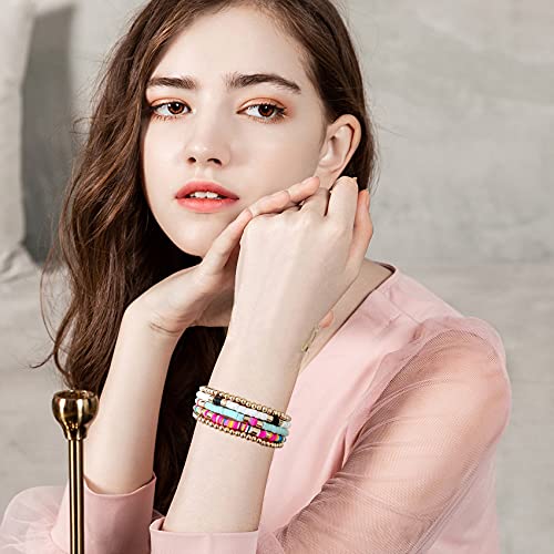 GOOJIDS Surfer Heishi Clay Bead Bracelets for Women Bohemian Stackable Evil Eye Vinyl Disc Beaded Stretch Bracelets Elastic Layering Friendship Bracelets Boho Jewelry (C-White 5pcs)