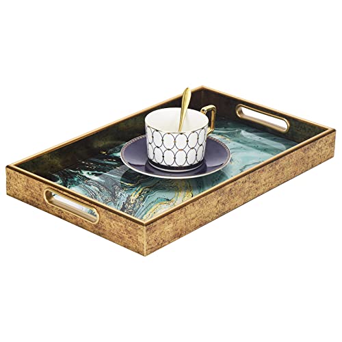 Decorative Coffee Table Tray, 15.7" x 9.8" Rectangle Breakfast Serving Tray with Handles, Unique Printed Glass Trays for Coffee Table, Ottoman(White and Green)