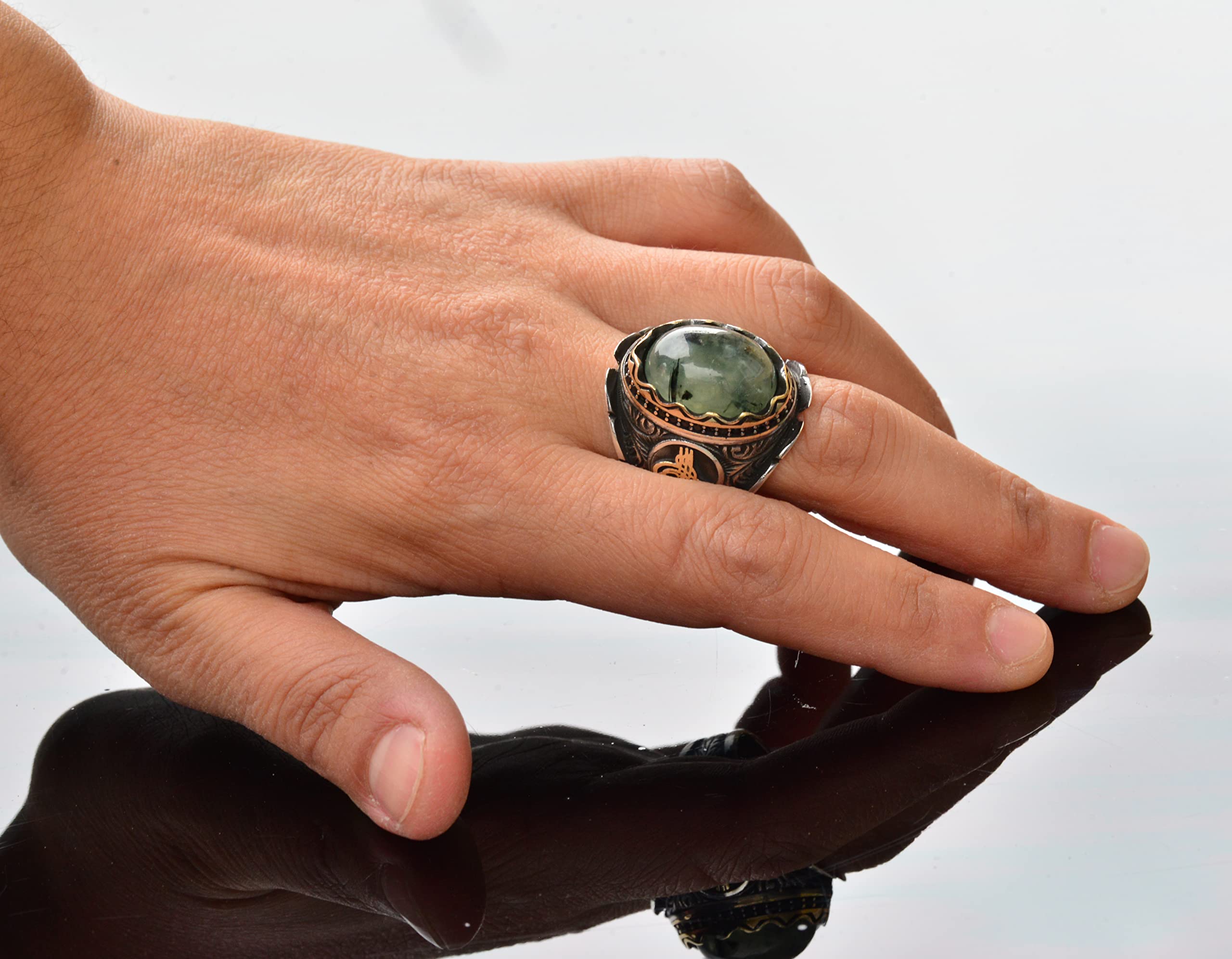 925 Sterling Silver Men's Ring with Natural Prehnite Stone, Handcrafted Unique Design, Green Gemstone Ring for Men