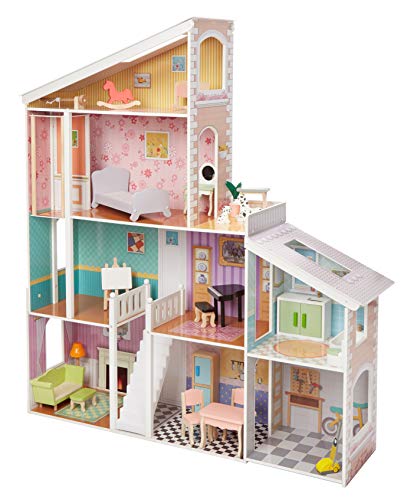 Amazon Basics 4-Story Wooden Dollhouse with Furniture Accessories for 12-Inch Dolls, 52x14x55''