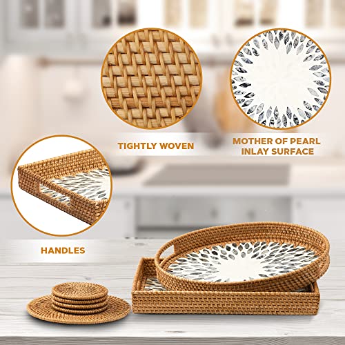 GaiaMade Large Rattan Mother of Pearl Inlay Serving Tray with 5 Coasters (1 Large, 4 Small), Coffee Serving Tray Set, Wicker Serving Tray for Coffee Table, Breakfast and Decoration, Oval Dark Blue