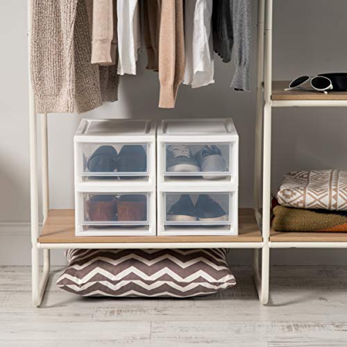 IRIS USA 6 Quart Compact Stacking Storage Drawer, Plastic Drawer Organizer with Clear Doors for Undersink, Kitchen, Pantry, Desk, and Home De-Clutter, Store Shoes and Craft Supplies, 4-Pack, White
