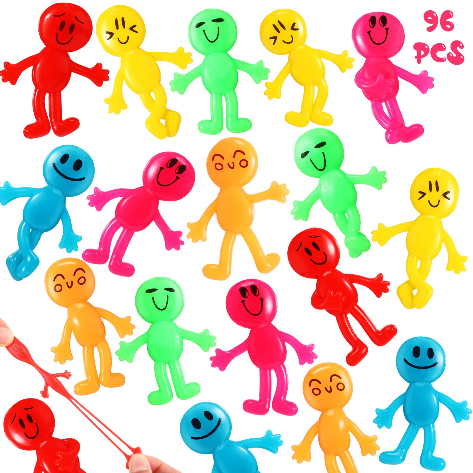96 Pcs Stretchy Bendable Man, Treasure Box Toys for Classroom, Stretchable Smile Figures, Assorted Color Bendable Toys, Carnival Prizes Party Gift Bag Filler Birthday Party Gifts Stress Relief Toys