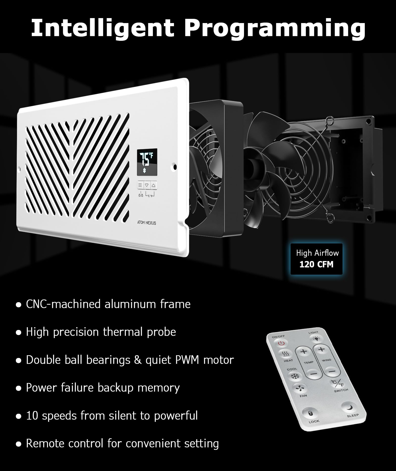 ATOM NEXUS AirBlaze Z4, Quiet Register Booster Fan Fits 4βx10β Register Holes, Smart Vent Booster Fan With Thermostat Control & Remote Control, 10-Speed Control Heating Cooling AC Vent Fan (White)
