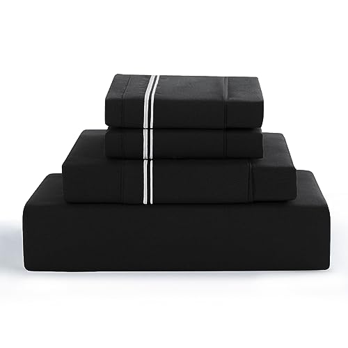 Aisbo Queen Sheet Set Black - Luxury Hotel 4-Piece Embroidered Bed Sheet Set with Easy Fit Deep Pocket, Extra Soft Cooling Bedding Sheet Set with Pillowases, Wrinkle Free, Fade Stain Resistant