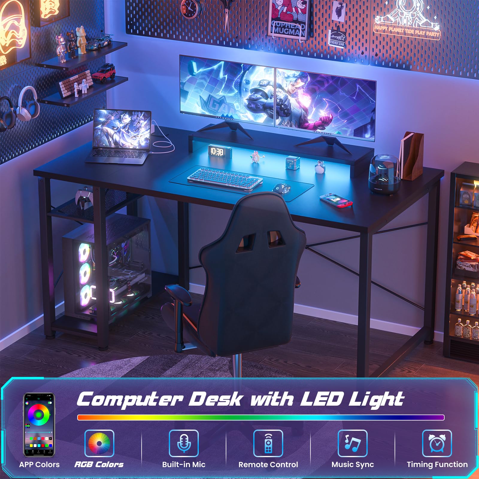 Besiost Gaming Desk with Lights & Power Outlets, 39.4' Computer Desk with Shelves, Small Desk for Small Space, Writing Desk with Monitor Stand, Black