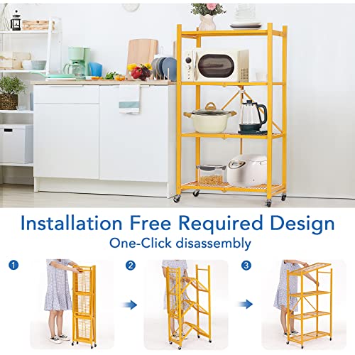 ShanSon Storage Shelves with Wheels 4 Tier Heavy Duty Foldable Metal Rack Storage Shelving Units for Garage Kitchen,Yellow