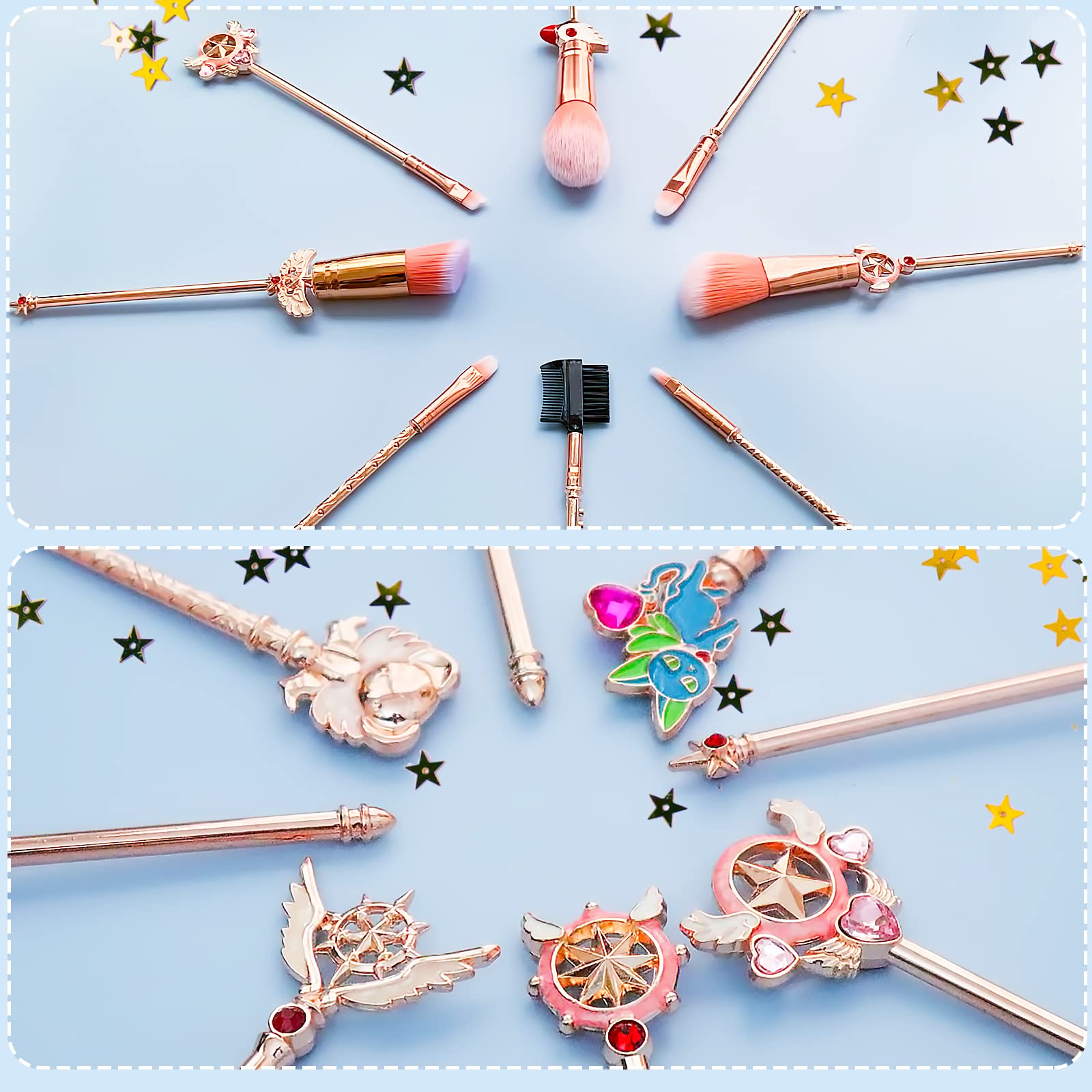 8Pcs Cardcapto Sakor Makeup Brushes Set, Rose Gold Anime Series Cosmetic Makeup Tool Kit Set with Pink Drawstring Bag
