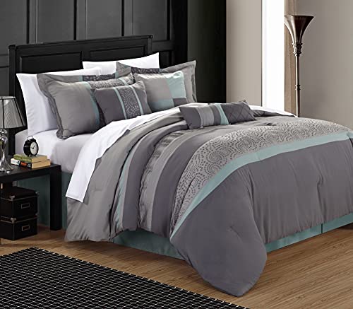 Chic Home 43CK117-AN 8-Piece Euphoria Embroidered Comforter Set, King, Dark Grey/Green