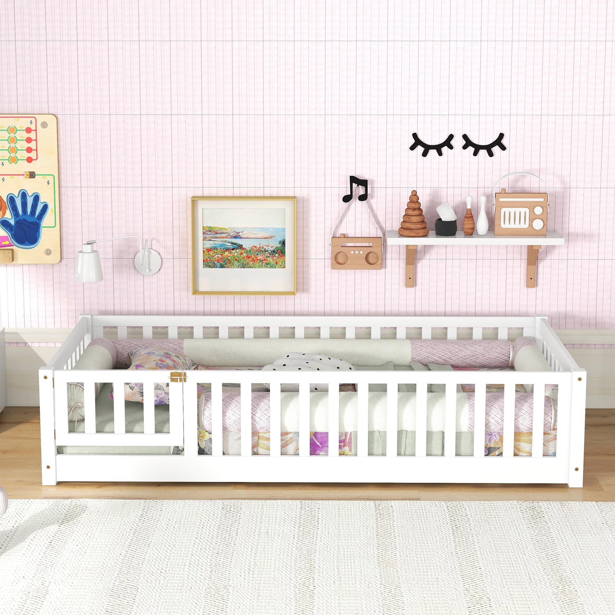 Bellemave Floor Bed for Kids,Twin Size Montessori Floor Bed with Door and Fence,Solid Wood Twin Bed Frame with Removable Slats for Girls Boys,Twin,White