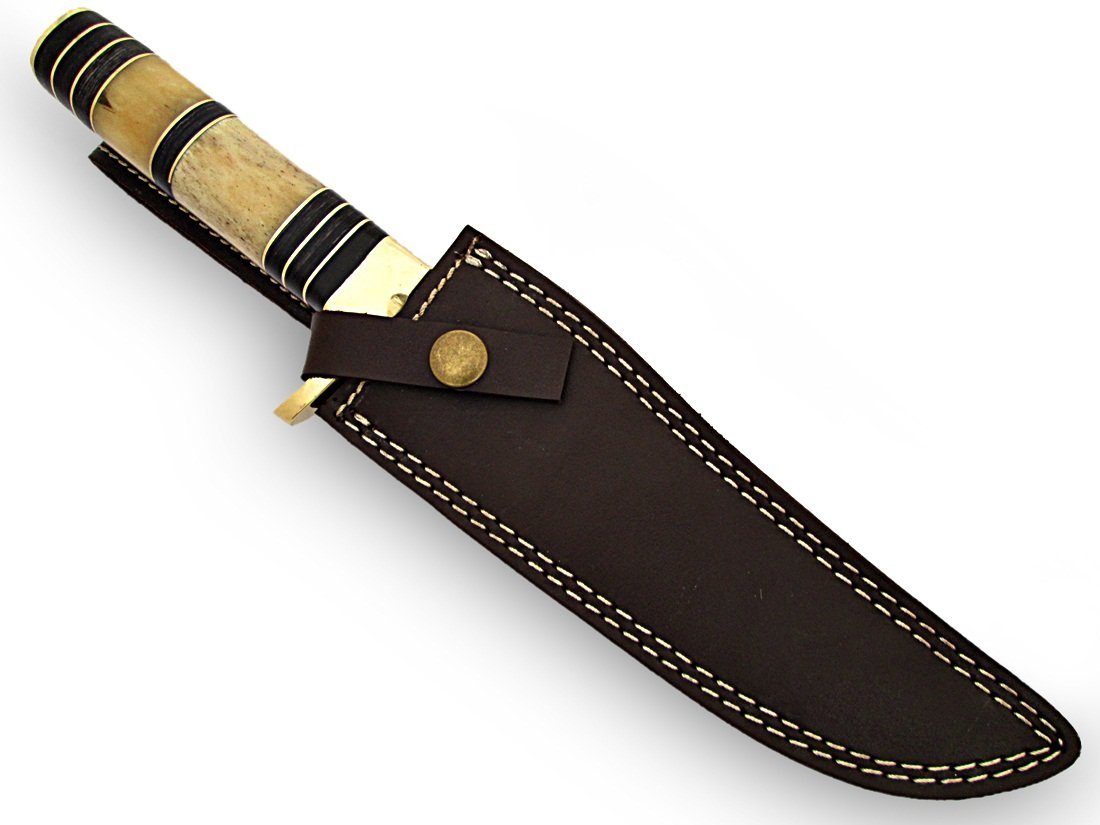 AishaTech Aegis Hunting Knife Damascus Steel Blade Bone and Wood Handle