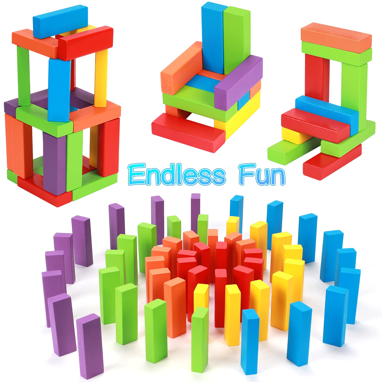 Tacobear Colorful Wooden Stacking Board Games Building Blocks for Kids Boys Girls Ages 3 4 5 6 7 8 with 54 Pieces