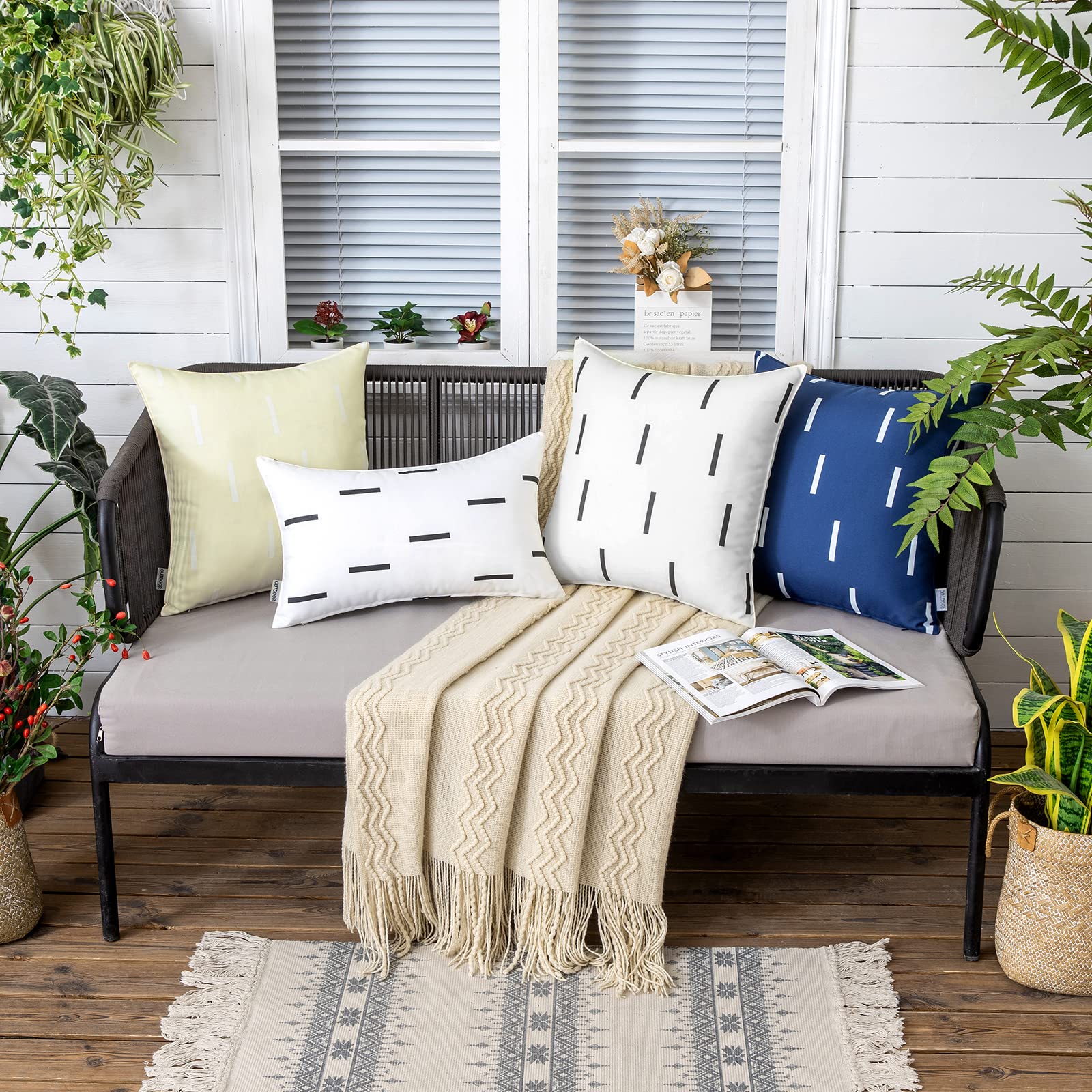 MIULEE Set of 2 Decorative Outdoor Waterproof Throw Pillow Covers Geometric Square Pillowcases Stripes Cushion Case for Patio Garden Couch Tent Sofa Bedroom 20 X 20 Inch Pure White