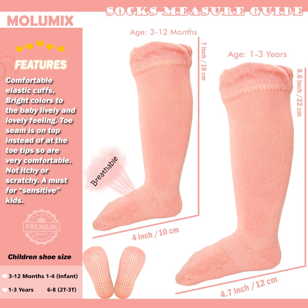 MOLUMIX Baby Knee High Grip Socks, Toddler Non-Slip Socks for Boys and Girls