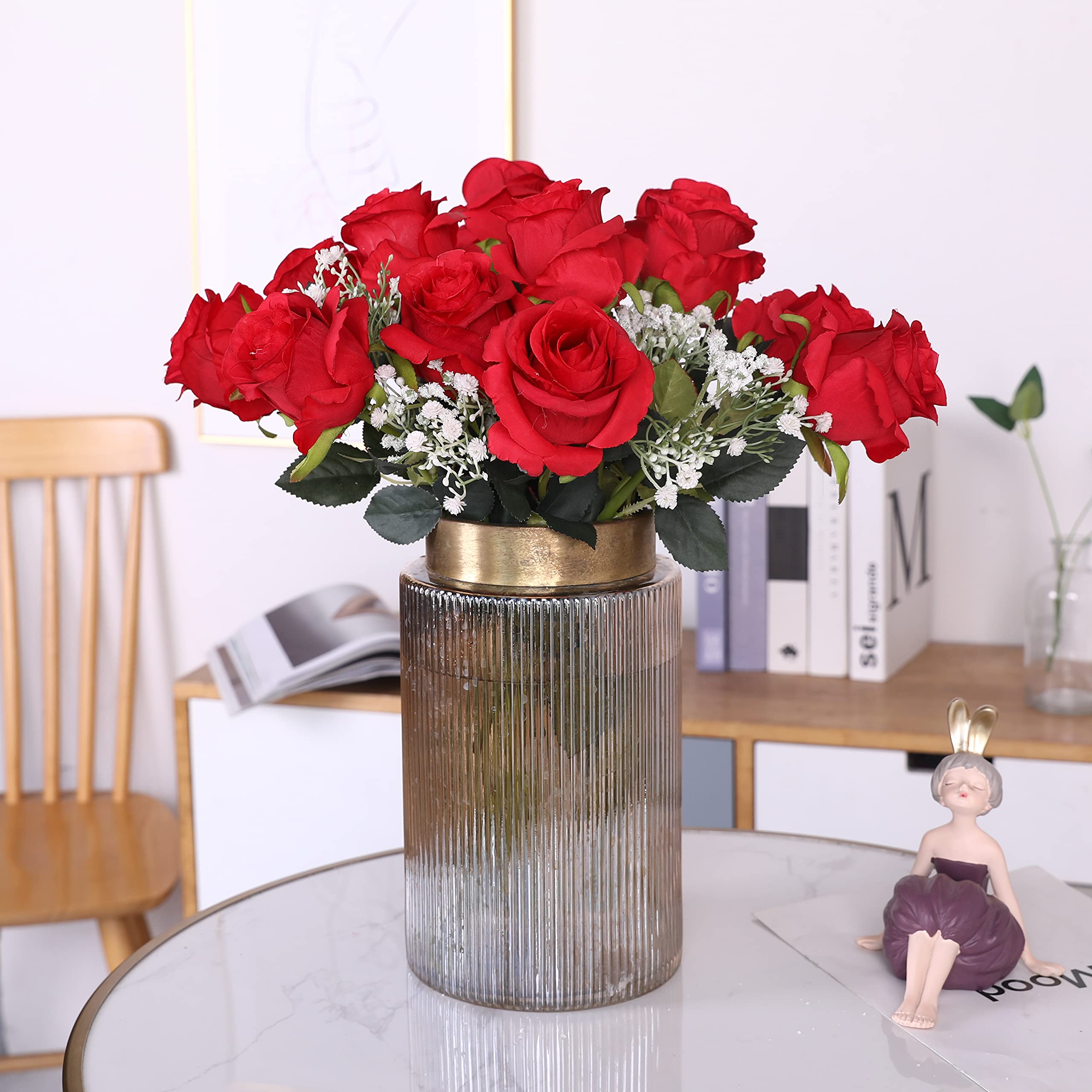 Hawesome Artificial Flowers 10 PCS Silk Roses with Long Stems Faux Realistic Roses for Wedding Bouquets Table Centerpieces Party Home Decor(White)