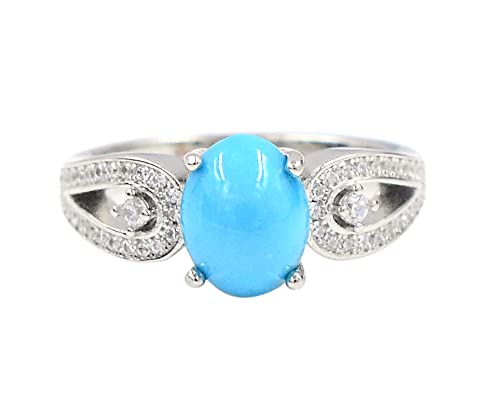 9X7 MM Oval Cut Natural Sleeping Beauty Turquoise Gemstone 925 Sterling Silver December Birthstone Solitaire Unisex Proposal Ring For Wedding Gift (Rhodium Plated Silver, 8)