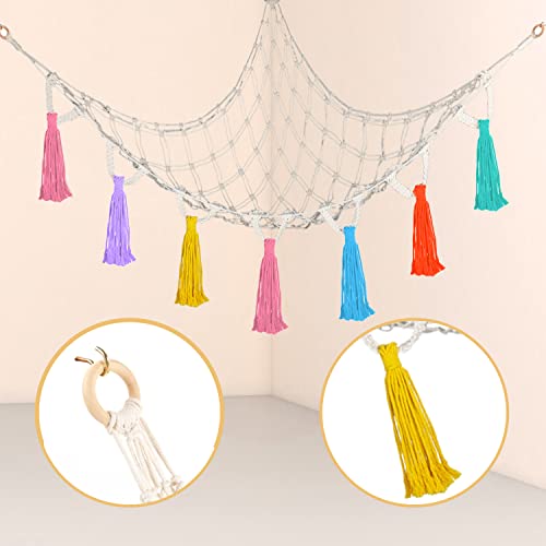 HONGTEYA Stuffed Animal Net or Hammock Large Plush Toy Net Hammock Holder for Corner Stuffed Animal Storage Ideas Hanging Plushie Toy Organizers Net with Boho Macrame Tassels 57inch