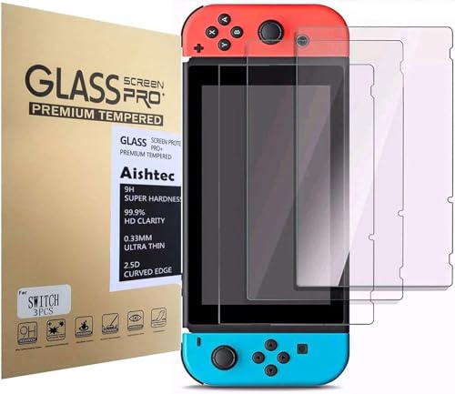 Aishtec Screen Protector Tempered Glass for Nintendo Switch 3 Pack, [9H Hardness] Transparent HD Clear Anti-Scratch Screen Protector – Pack of 3