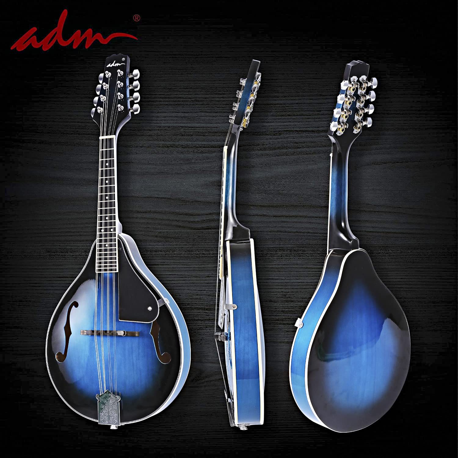 ADM Acoustic Mandolin Instrument Kit Music A Style for Kids Students Adults Wood Mandolins Beginner Set With Bag, Tuner, EQ, Strap, Strings, Picks and Hanger, Blue