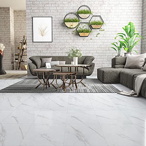 CHICHOME 16 Pack Peel and Stick Floor Tile Bathroom Waterproof White Marble Floor Tiles 12x12 Inch Self Adhesive Vinyl Flooring Removable Sticky Tiles Decorative for Floor Kitchen Bedroom Living Room