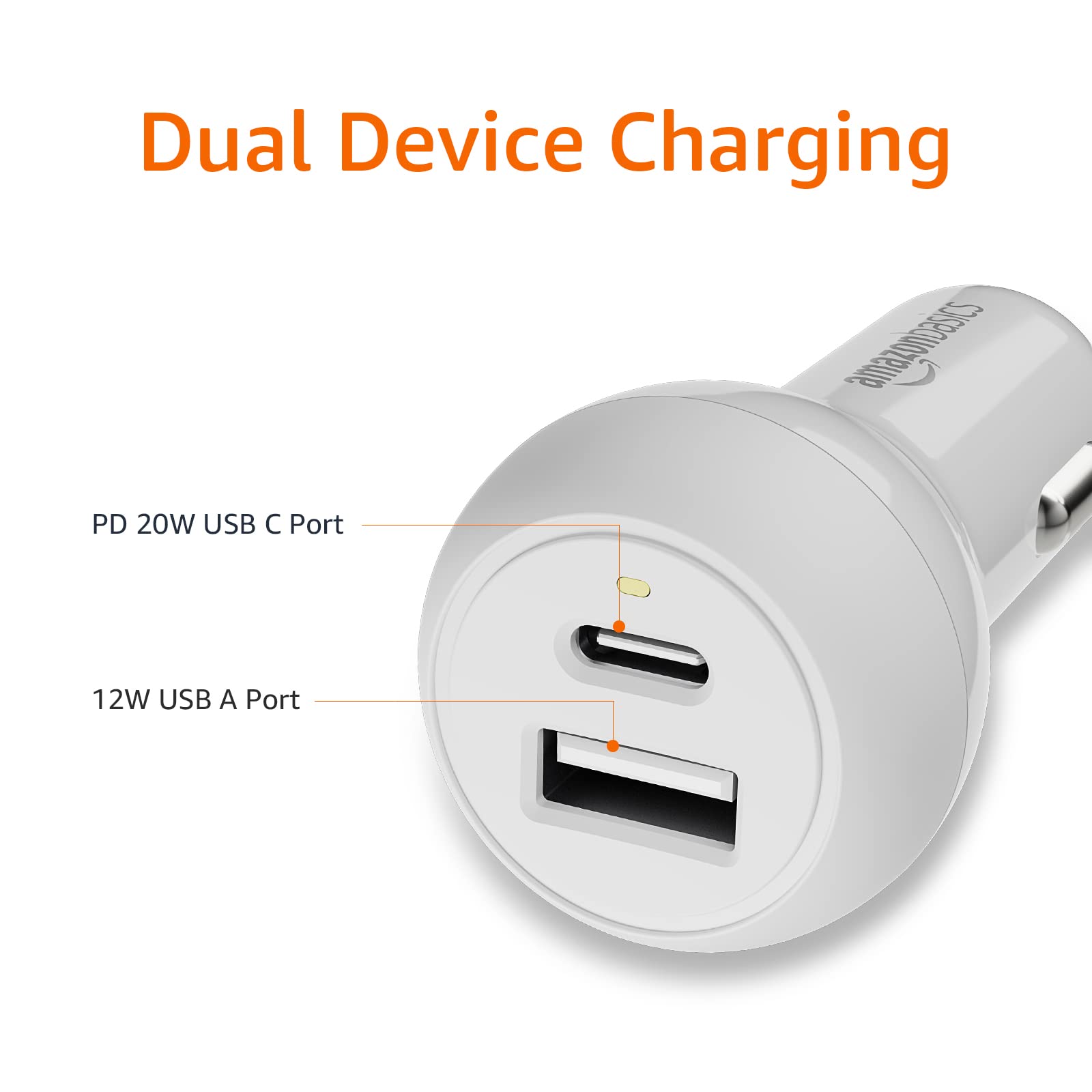 Amazon Basics Dual-Port Car Charger with 1 USB-C Port (20W) and 1 USB-A Port (12W), White