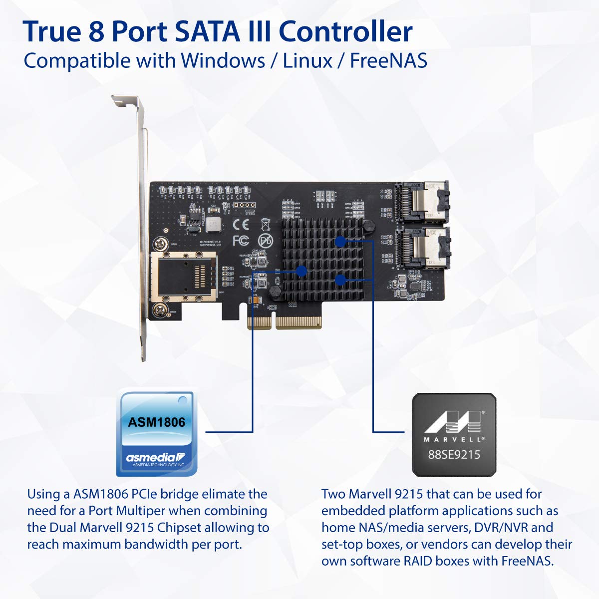 Syba 8 Port SATA III Non-RAID PCI-e x4 Controller Card Supports FreeNAS and ZFS RAID - Includes Mini SAS to SATA Breack Out Cables (SI-PEX40137)