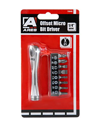 ARES 70040-1/4-Inch Drive Close Quarter Micro Bit Ratchet | Mini Screwdriver with High Torque 72-Tooth Gearhead - 5 Degree Sweep - Spring Loaded Detent Ball Bit Holder