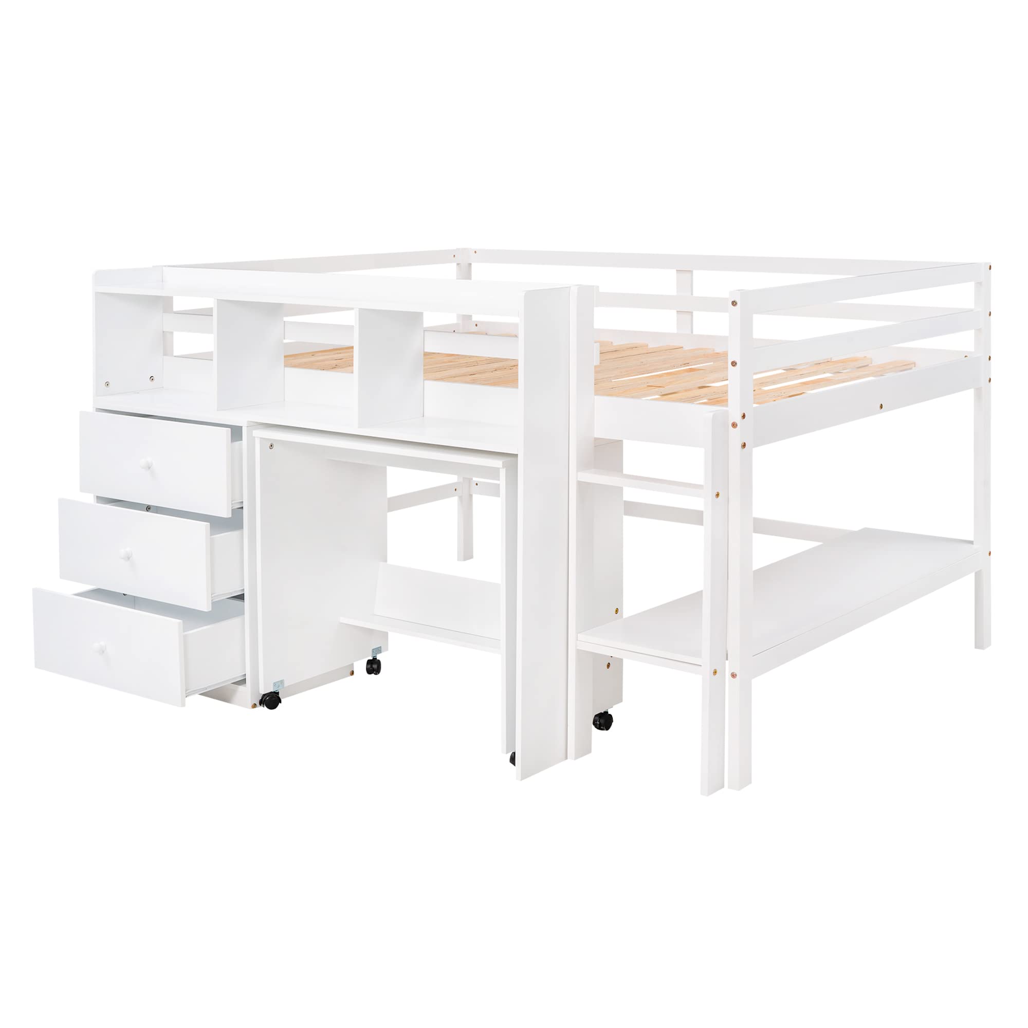 Bellemave Full Size Loft Bed with Rolling Portable Desk Solid Wood Loft Beds with Storage Shelves & Drawers, Low Loft Bed for Kids, Boys and Girls, Teens, No Box Spring Needed (White)