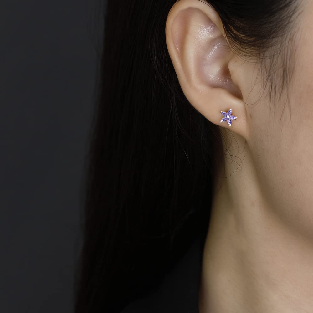 925 Sterling Silver Small Purple Flower Stud Earrings for Women, Tiny Cubic Zirconia Flower Earrings - Dainty Hypoallergenic Earrings for Sensitive Ears