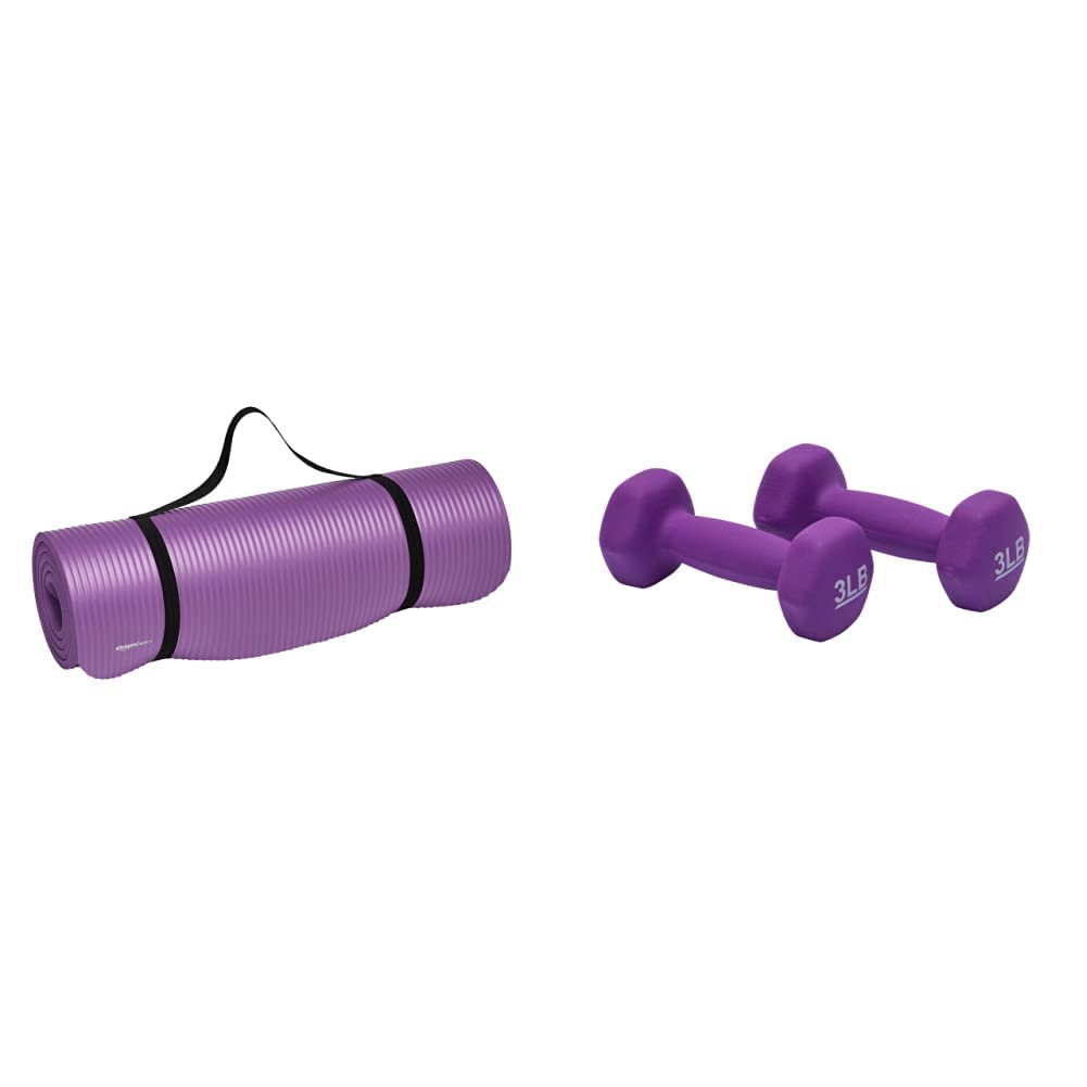 Amazon Basics Extra Thick Exercise Yoga Gym Floor Mat with Carrying Strap - 74 x 24 x .5 Inches, Purple & Neoprene Hexagon Workout Dumbbell Hand Weight, 3-Pound, Purple - Set of 2