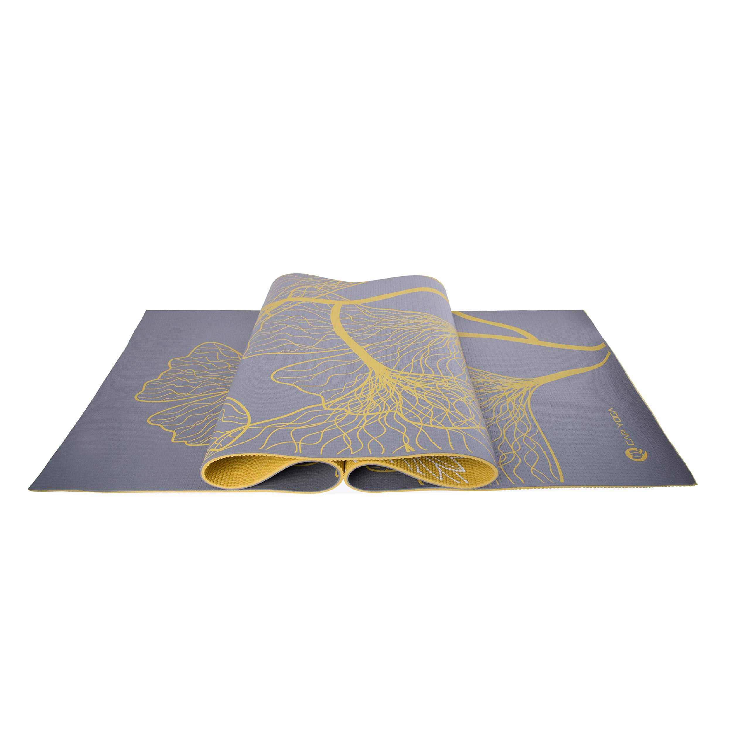 CAP Yoga Mat with Carry Strap, 5mm, Reversible Dahlia Design, Yellow/Gray