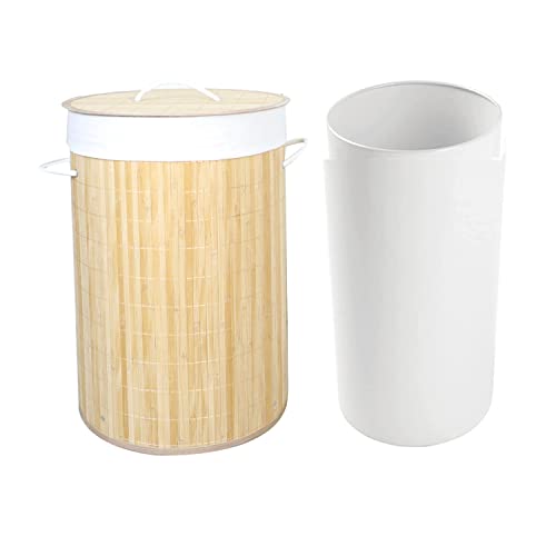 Bamboo Round Clothes Laundry Hamper with Lid 2 Removable Liner Bags,Handwoven Bamboo Laundry Basket with Easy Carry Handles,Large Clothes Basket for Clothes,Bedroom, Toys in Bathroom, Beige