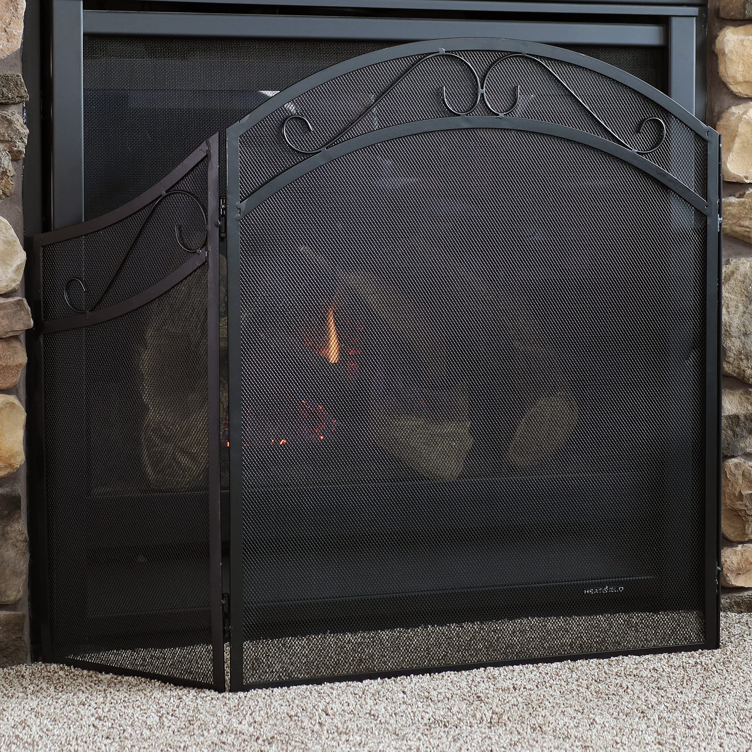 Sunnydaze Elegant Scrolling Design Steel 3-Panel Fireplace Screen with Black Powder-Coated Finish