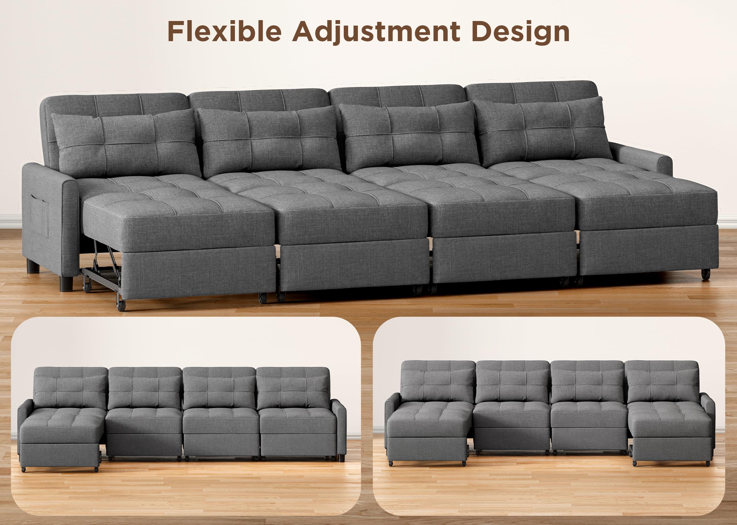Aiho Pull Out Couch - 4-Seater Sectional Sleeper Sofa, Convertible with Adjustable Backrest & Spring Support for Living Room, Dark Grey